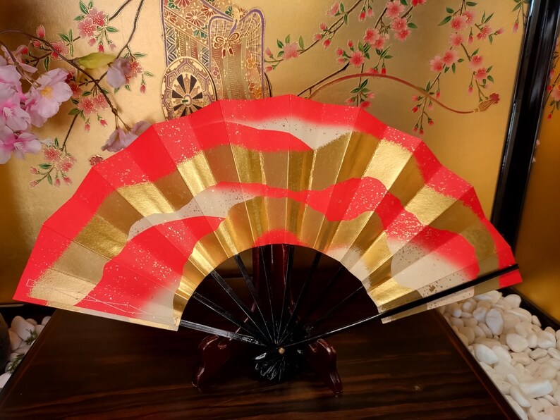Vintage Japanese Sensu Fan: Red & Gold Wave Design, Lacquered Wood - Etsy