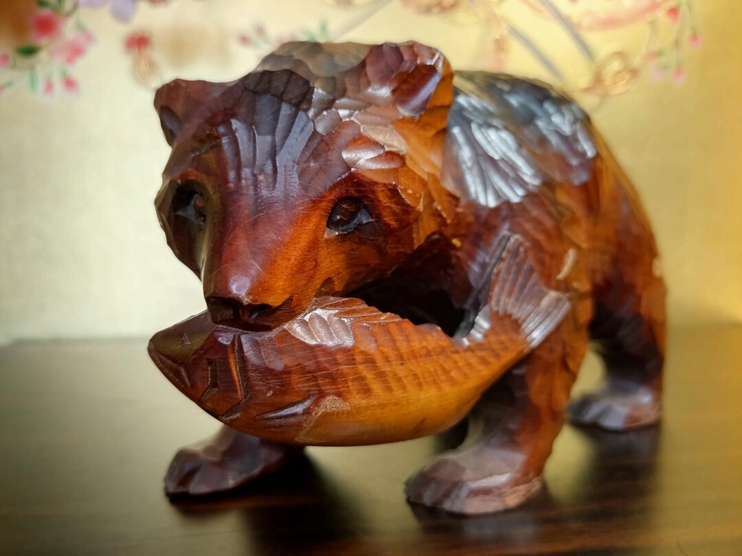 Vintage Japanese Hand-carved Wooden Bear With Fish | Hokkaido Ainu ...