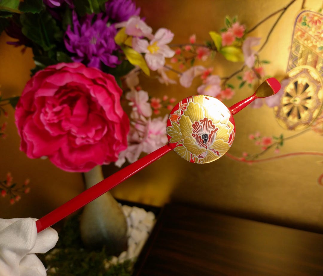 Vintage Japanese Kanzashi Hair Stick: Gold & Red Floral Geisha Style - Etsy