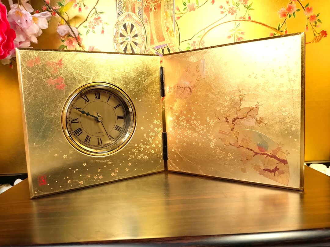 Vintage Gold Leaf Byobu Clock: Japanese Sakura & Fan Design - Etsy