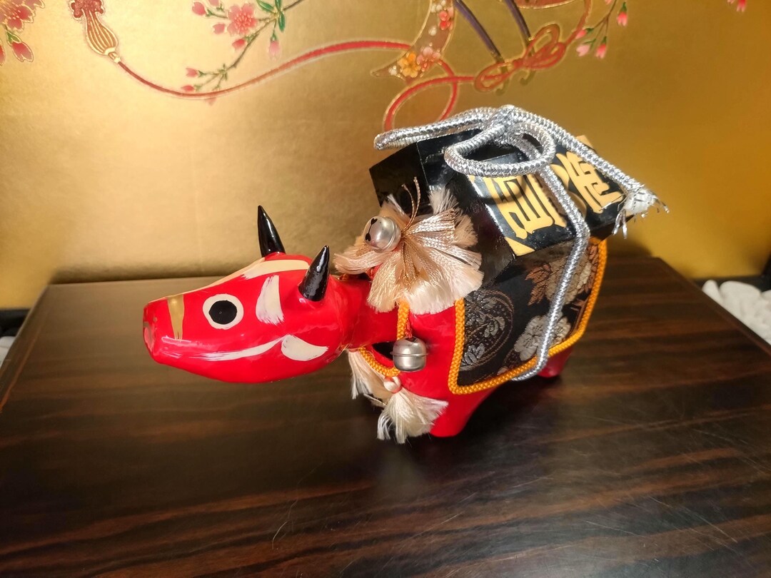 Vintage Akabeko With “senryo-bako” Treasure Box • Lucky Red Cow ...