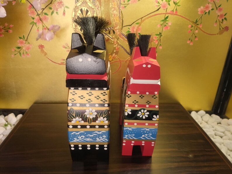 Vintage Japanese Chagu Chagu Umako Horse Pair – Red & Black Wooden Folk ...