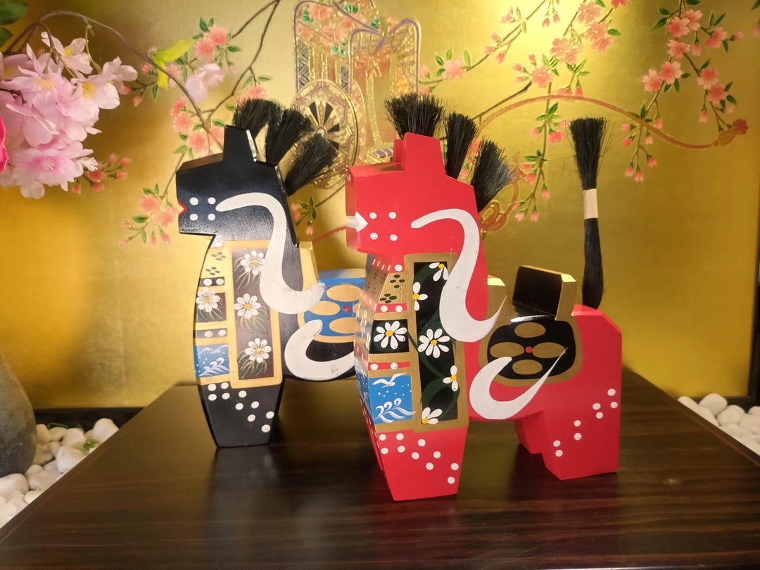 Vintage Japanese Chagu Chagu Umako Horse Pair – Red & Black Wooden Folk ...