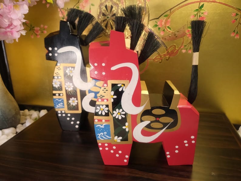 Vintage Japanese Chagu Chagu Umako Horse Pair – Red & Black Wooden Folk ...