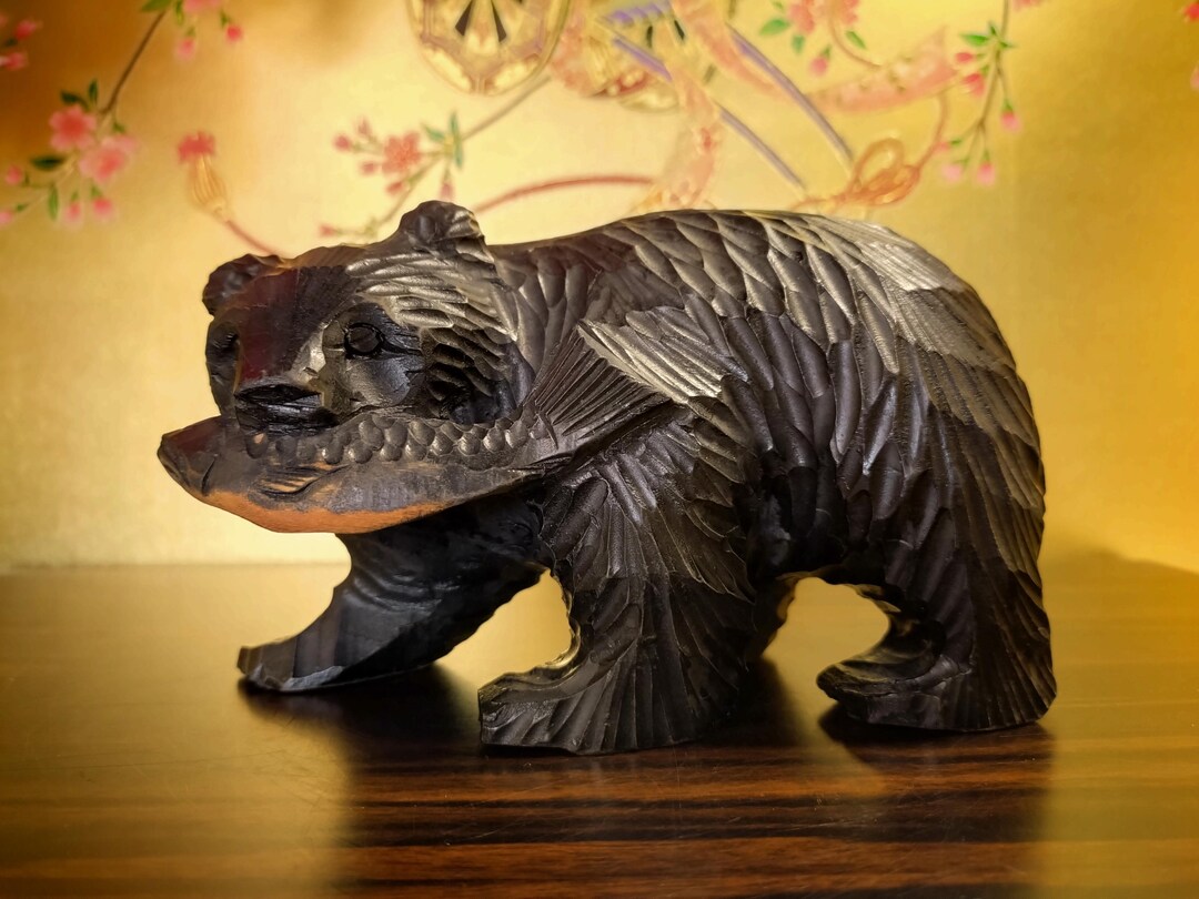 Charming Vintage Japanese Hand-carved Bear With Salmon – Hokkaido Folk ...