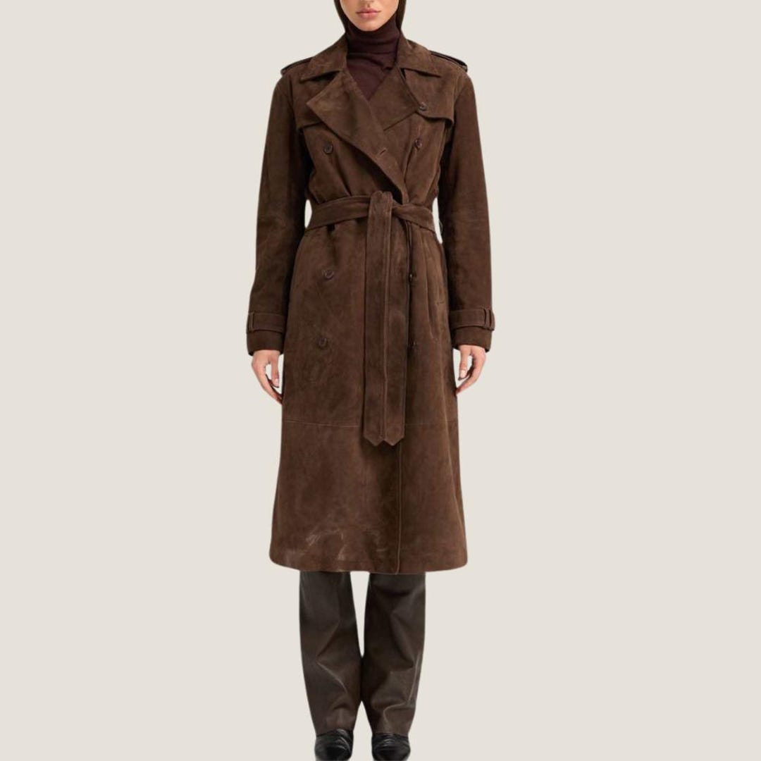 Women's Brown Suede Trench Coat – Full-length Double-breasted Belted ...