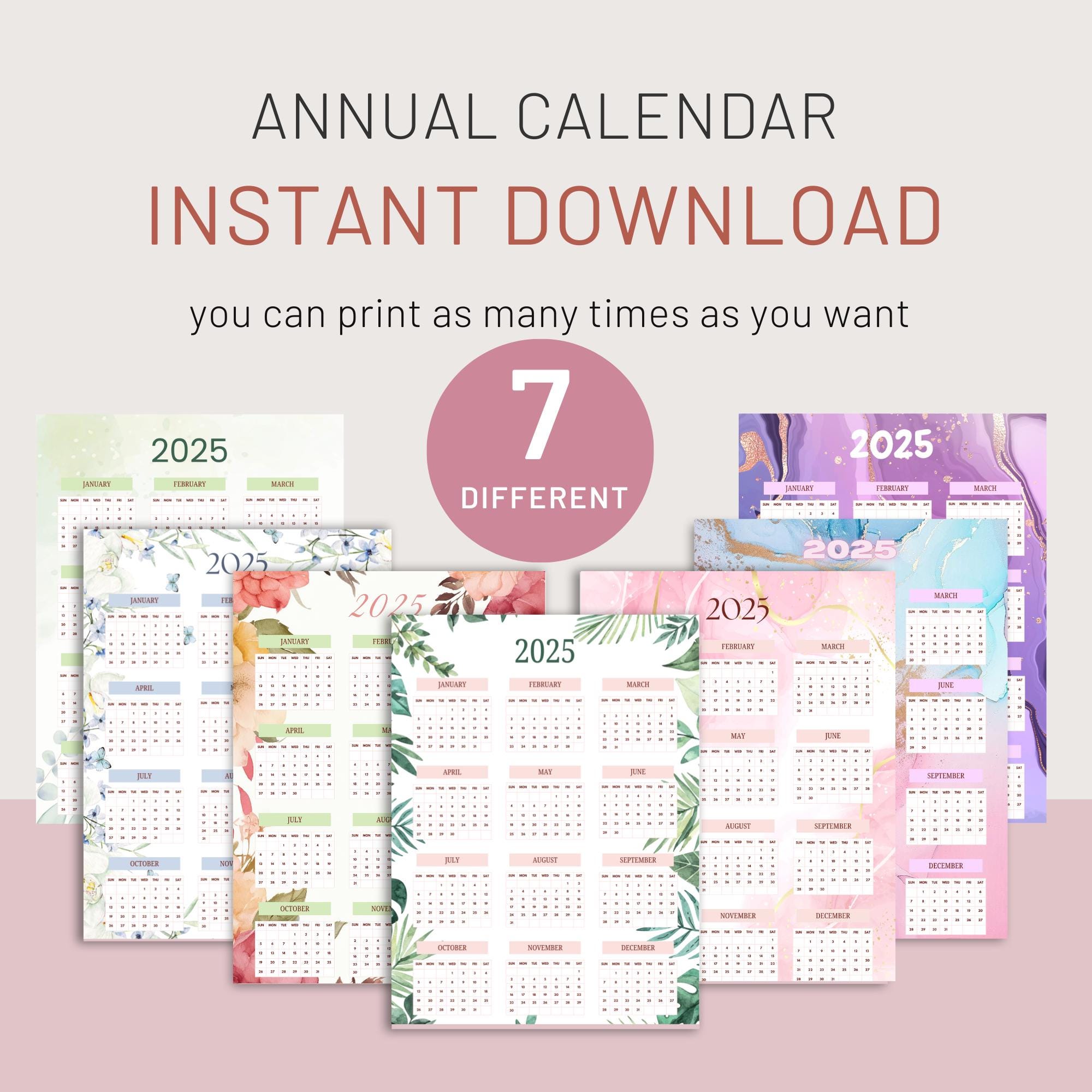 2025 Calendar, Annual Calendar, Printable Calendar, 7 Floral Watercolor ...