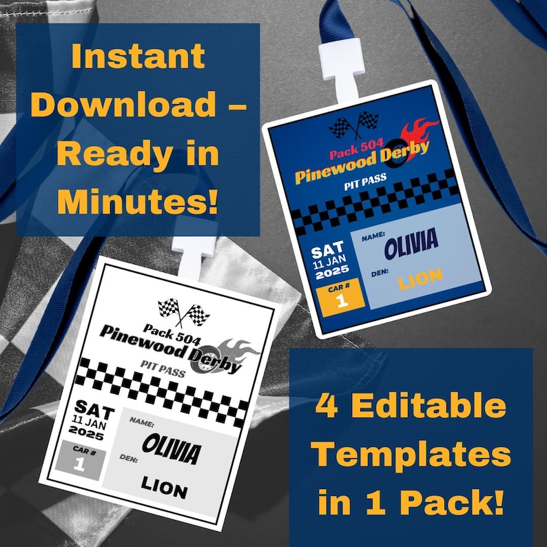 Pinewood Derby Pit Pass Templates – 4-pack Editable & Instant Download ...