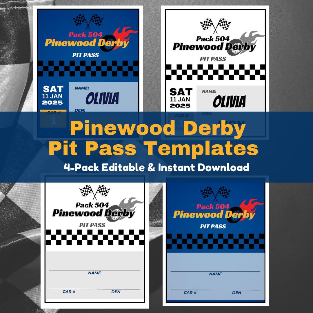 Pinewood Derby Pit Pass Templates – 4-pack Editable & Instant Download ...