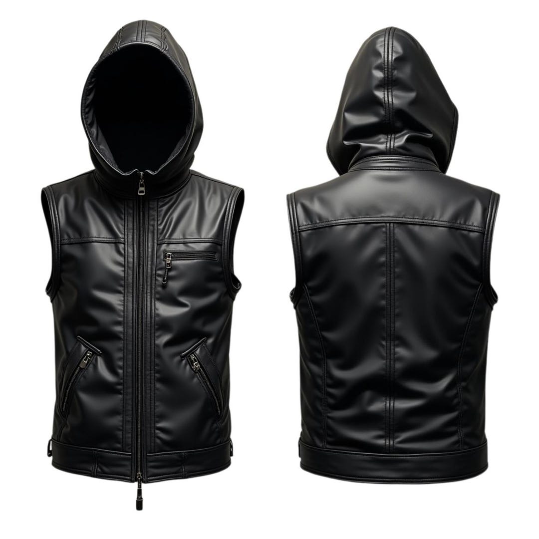 Black Sleeveless Leather Hoodie Jacket - Etsy