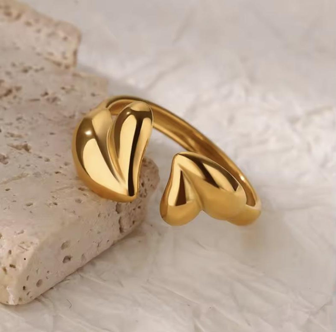Golden Two Heart Ring - Etsy