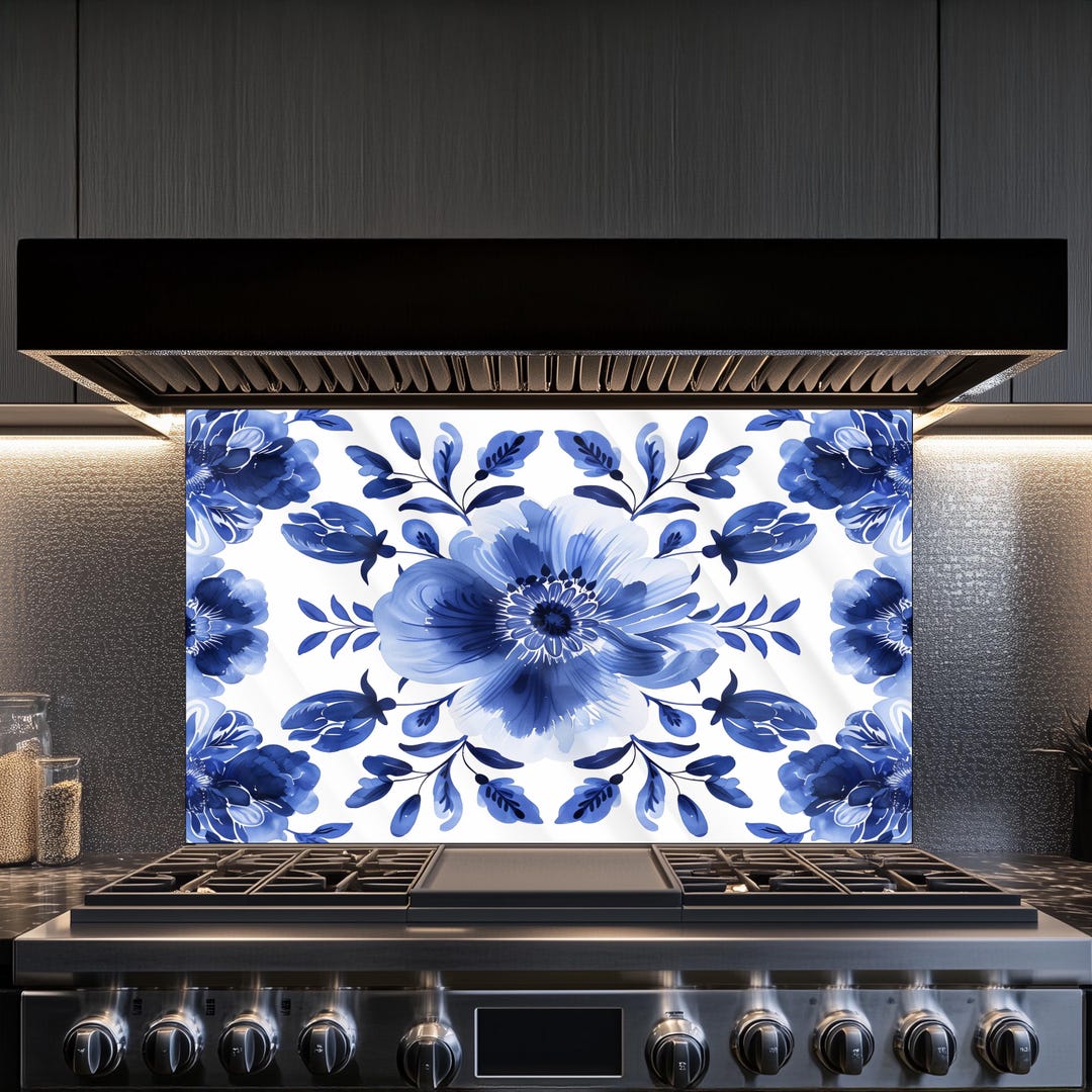 Traditional Delft Blue Tempered Glass Kitchen Backsplash, Artistic ...