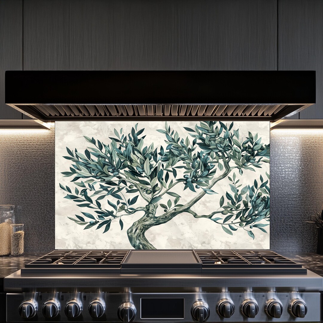 Olive Tree Tempered Glass Kitchen Backsplash: Heat & Shatter Resistant ...