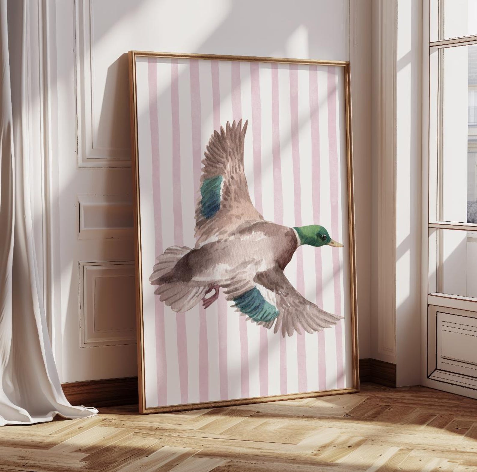 Mallard Duck Pink White Stripes Digital Print | Coastal Country Decor ...