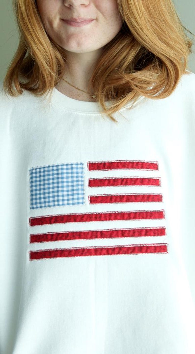 American Flag Patchwork Crewneck | Red White Blue Fabric | USA ...