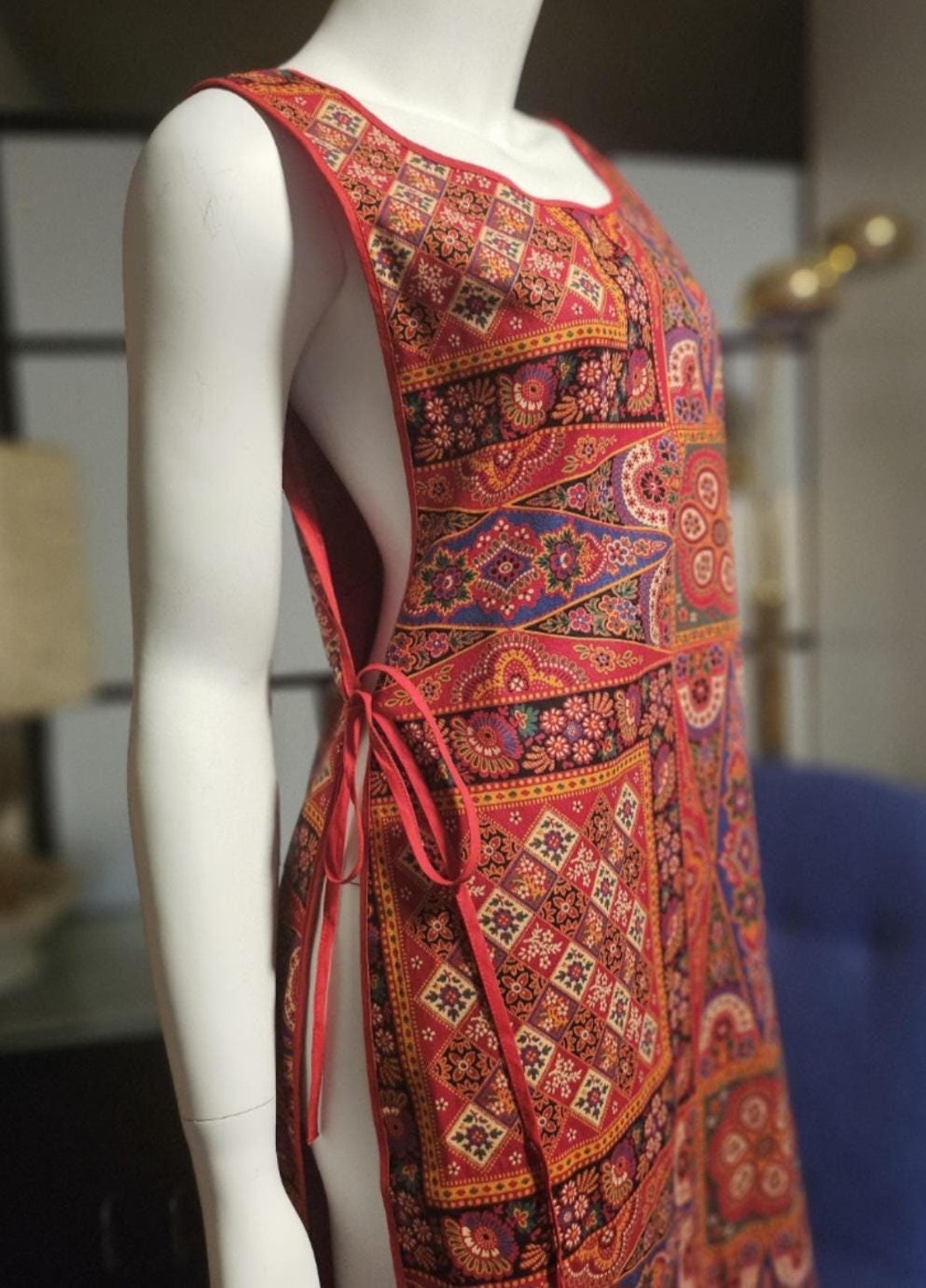 Vintage Red/multi Colored Geometric/floral Long Tunic/vest/apron Side ...
