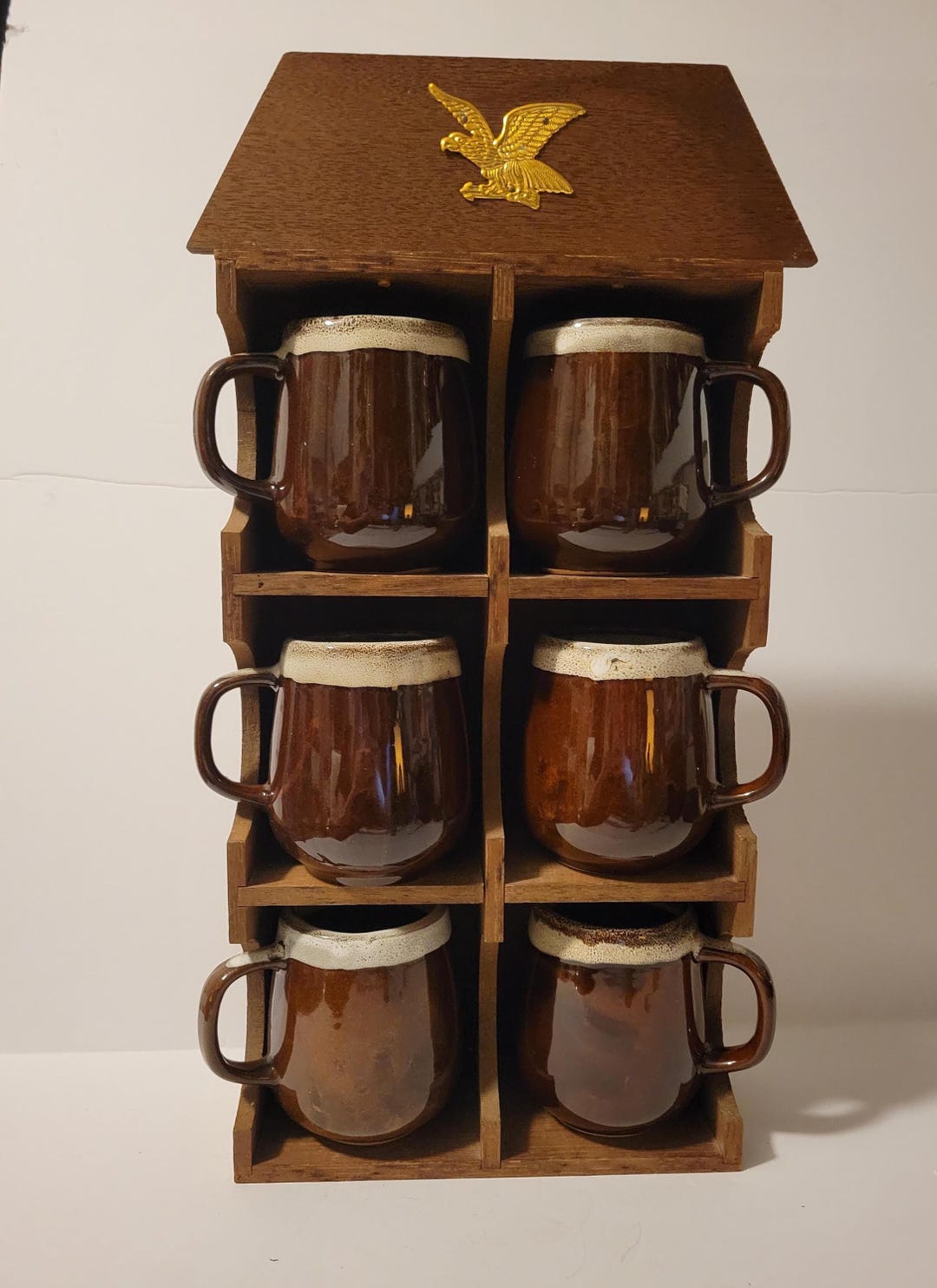 1970s Farmhouse Rustic Brown Stoneware Coffee Mugs & Wooden Display ...