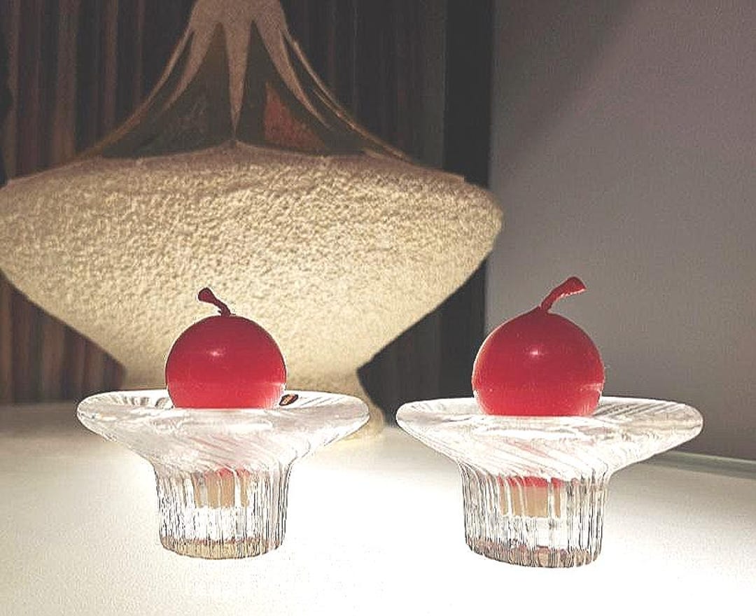 IITTALA POPPA FINLAND Glass Candleholders Set of Two Red Candles ...