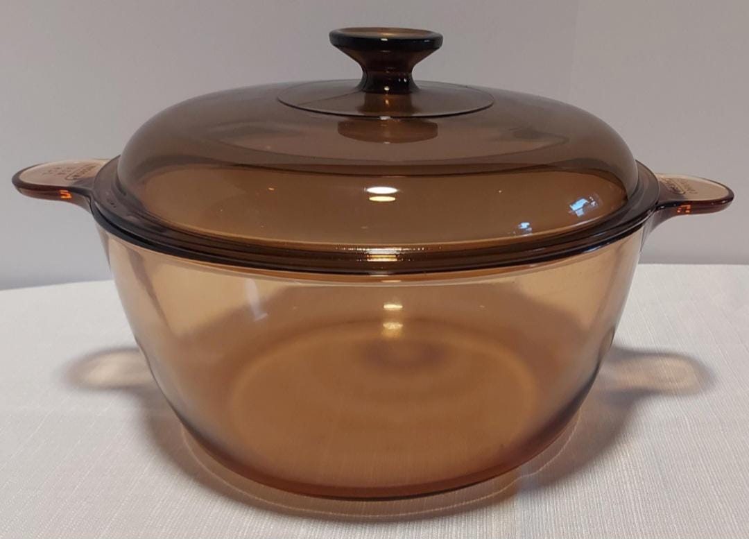 Vintage Visions Pyrex 4.5 Litre Amber Round Pot With Lid Dutch Oven See ...