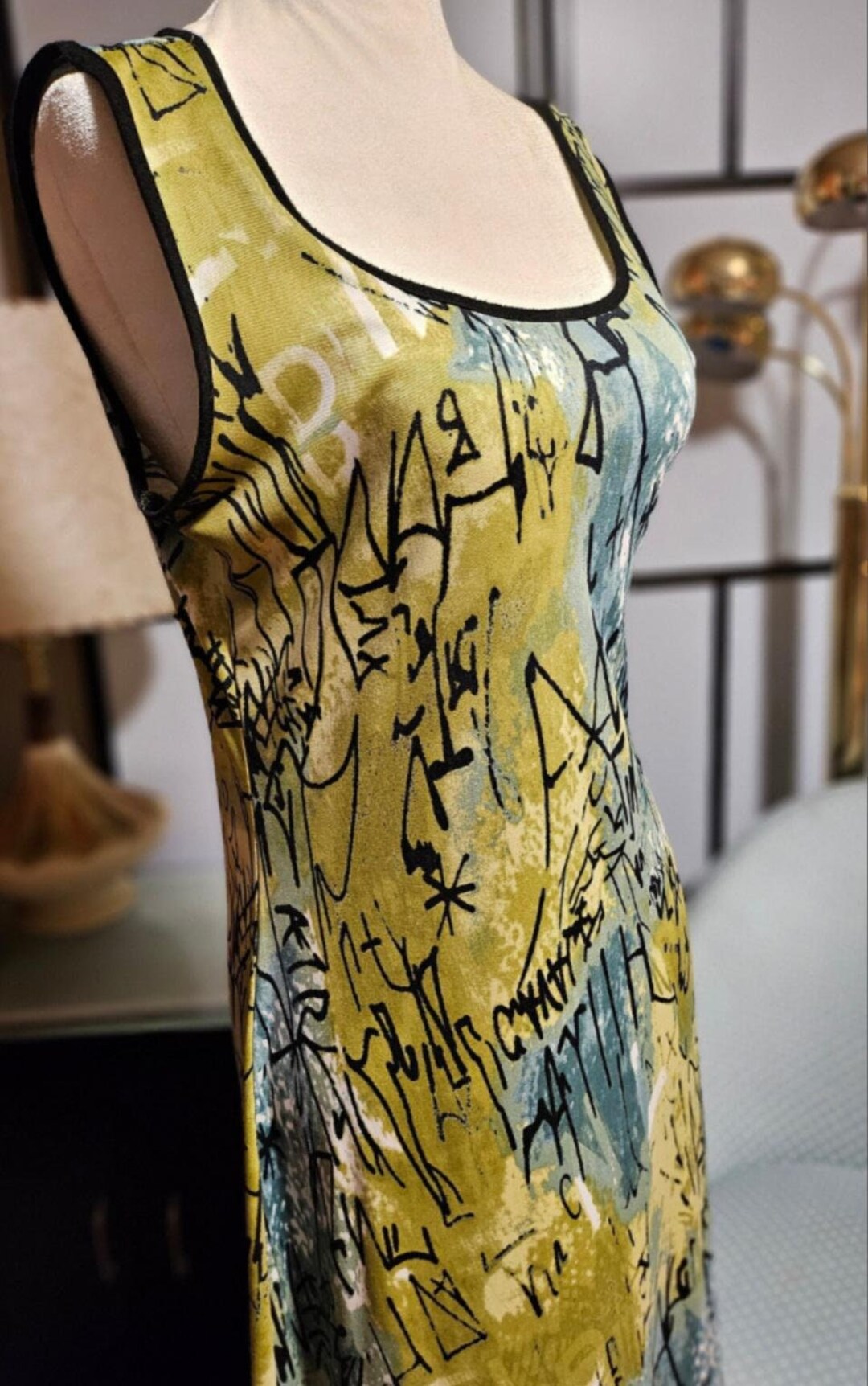 1990s Tango Mango Maxi Dress Graffiti Print Greens White Black ...
