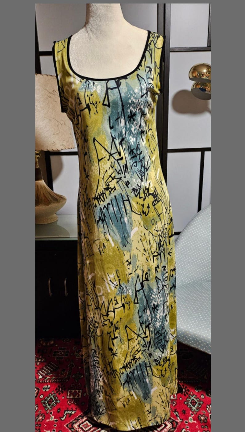 1990s Tango Mango Maxi Dress Graffiti Print Greens White Black ...