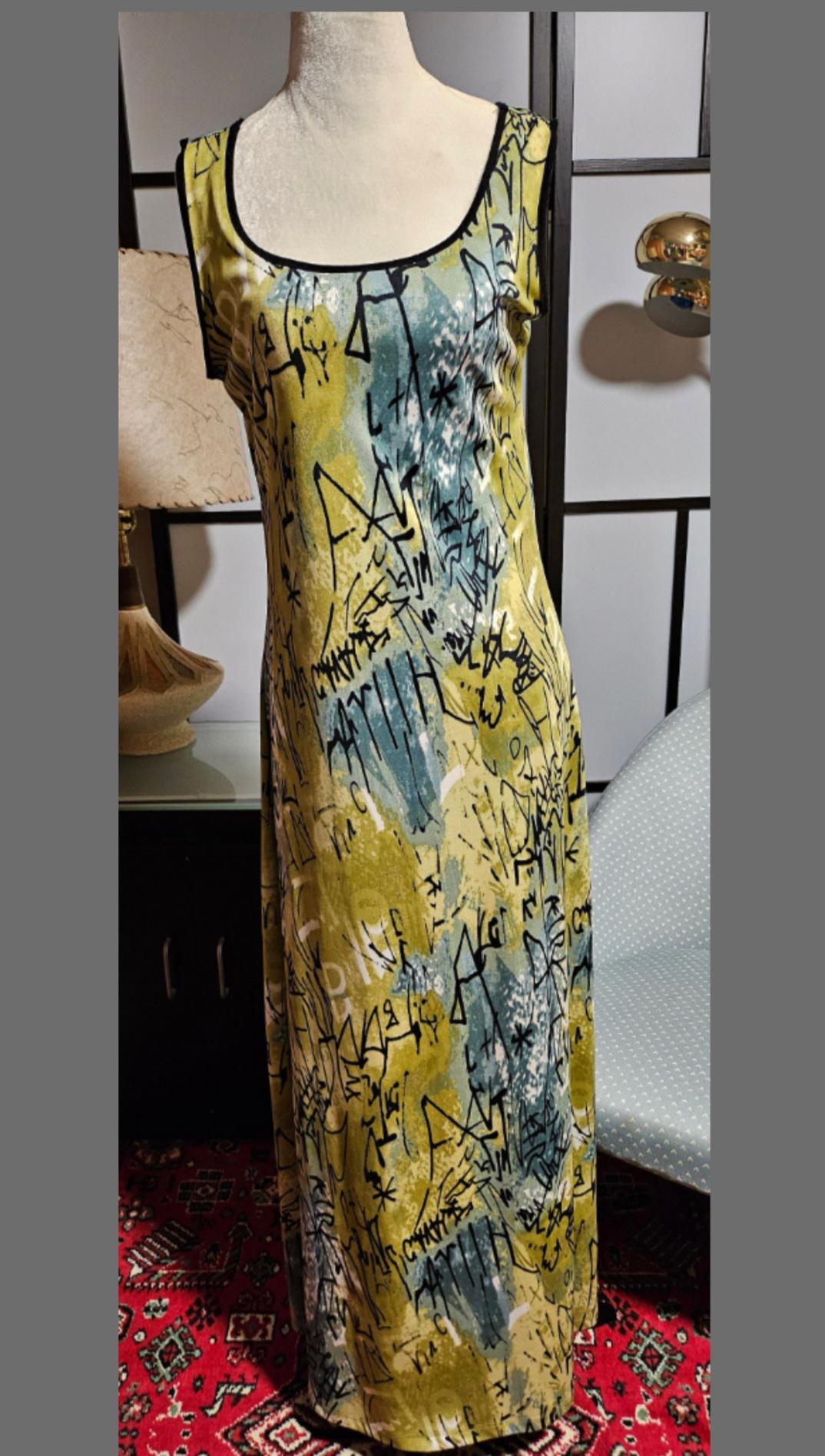 1990s Tango Mango Maxi Dress Graffiti Print Greens White Black ...