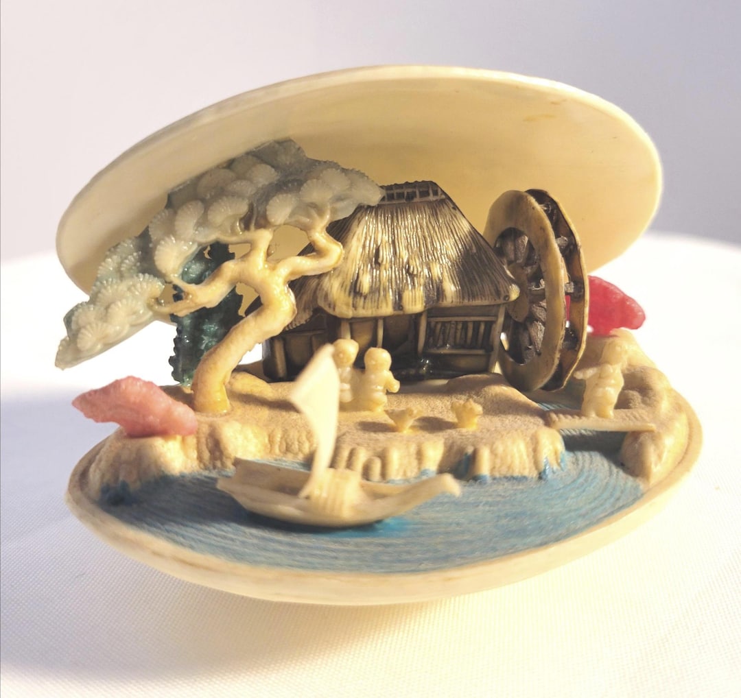 Vintage Japanese Celluloid Clam Shell Diorama, Intricate Water Wheel ...