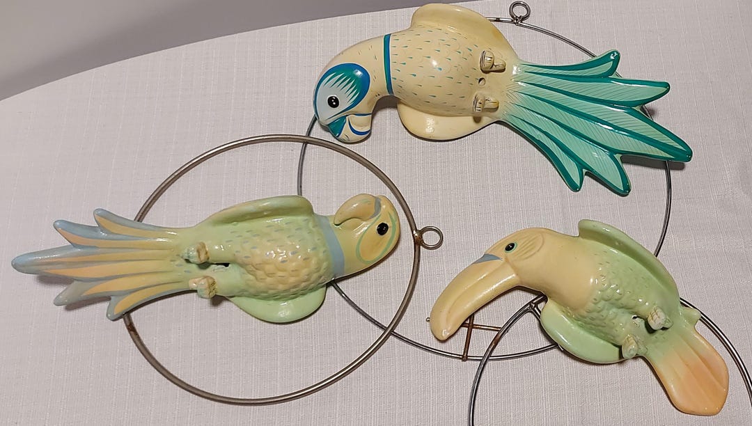 Vintage Ceramic Hanging Tropical Parrots Toucan With Metal Perch Hoop ...