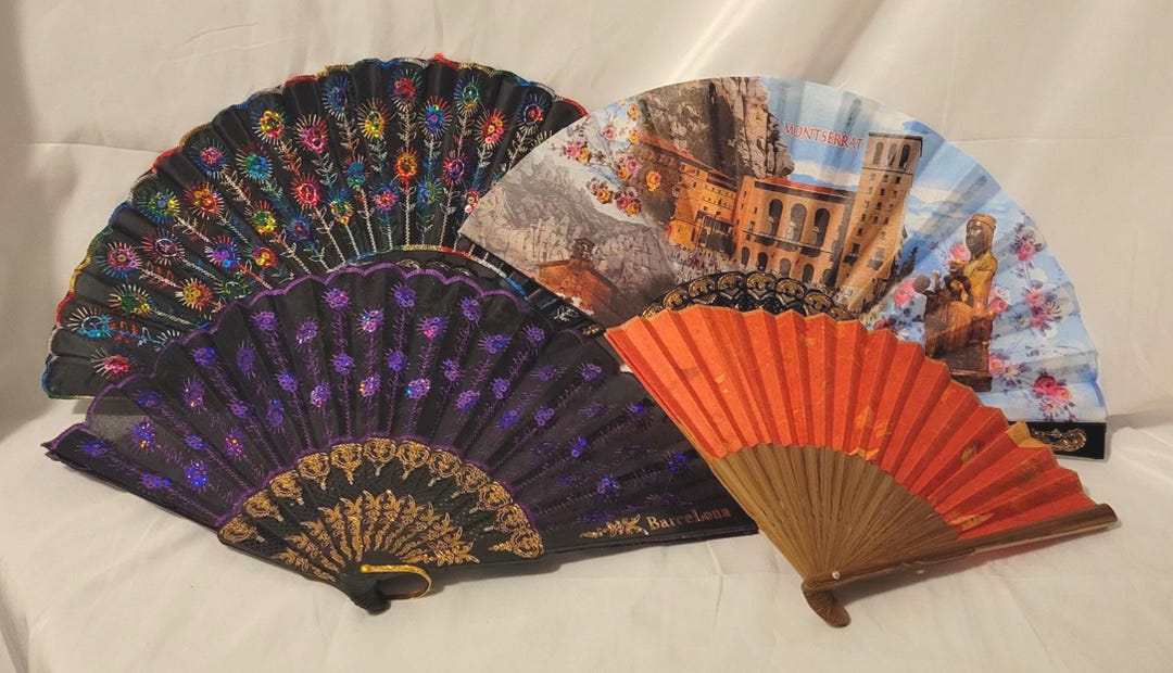 Vintage Hand Fan Collection: Spanish Souvenir, Embroidered Peacock ...