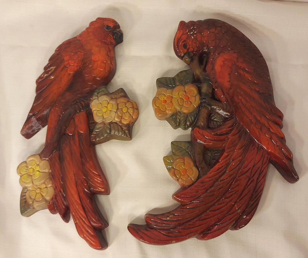 Vintage 1960s Chalk Ware Birds Love Birds Parakeet Parrot Perched on ...