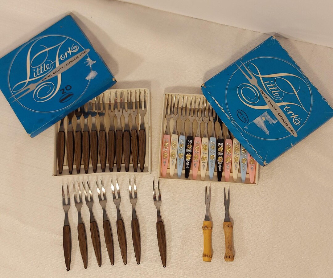 Vintage 1950s Cocktail Fork Set, MCM Stainless Steel Forks With Plastic ...