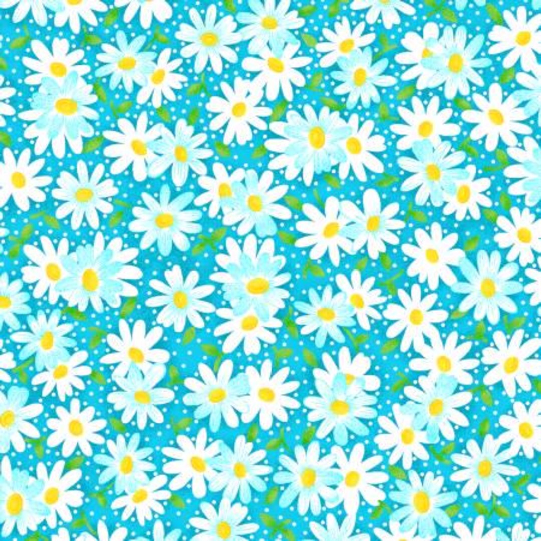 Packed Daisies Teal, Daisy Fabric, White Teal Floral, Fabric Traditions ...