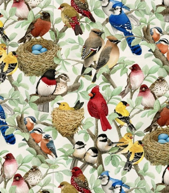 Bird Fabric Beautiful Birds Blue Red Birds Trees and Birds | Etsy