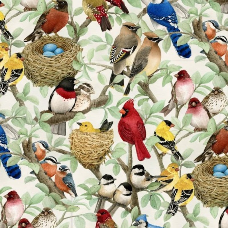Tree and Red Bird Fabric - Etsy