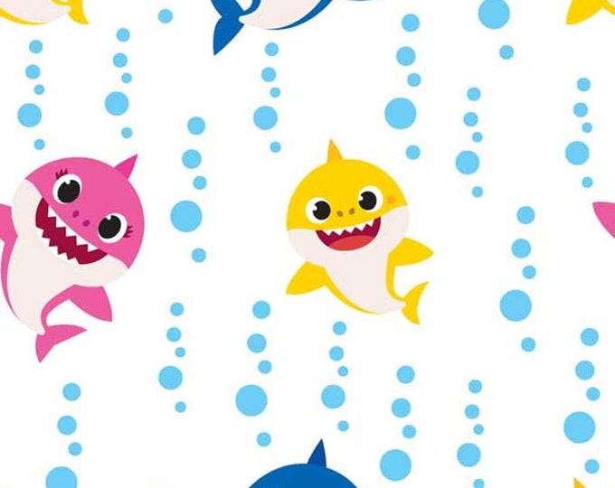 Baby Shark Fabric, White Baby Shark, Quilting Cotton, Baby Shark Family ...