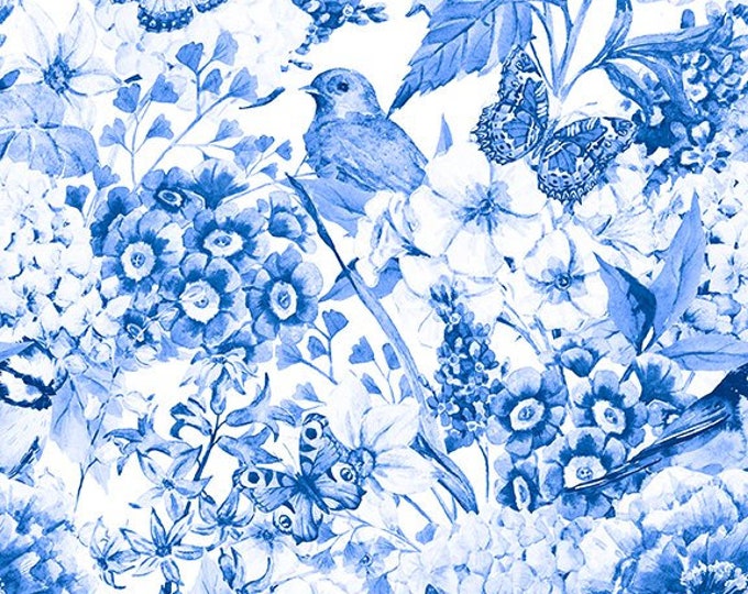 Bird Fabric, Blue Bird Toile, Periwinkle Spring, Flowers Hydrangea, in ...
