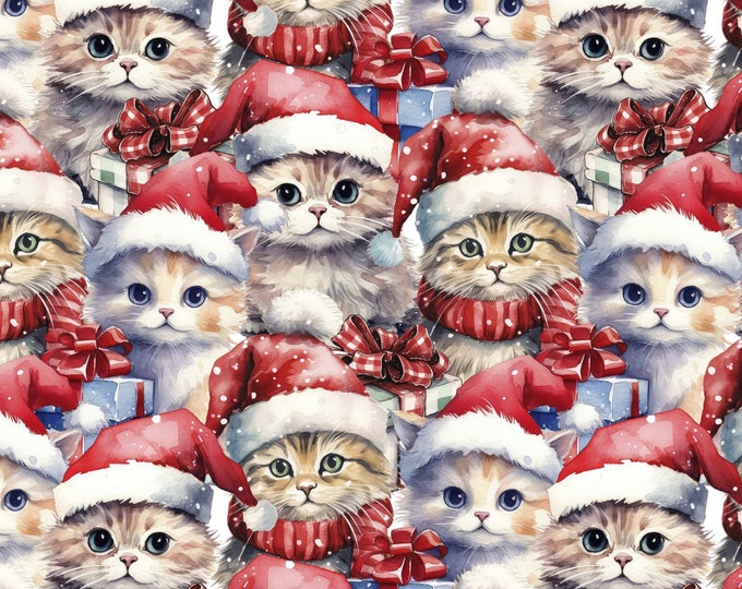 Christmas Kittens, Christmas Fabric, Christmas Cats, 100% Cotton, Multi ...