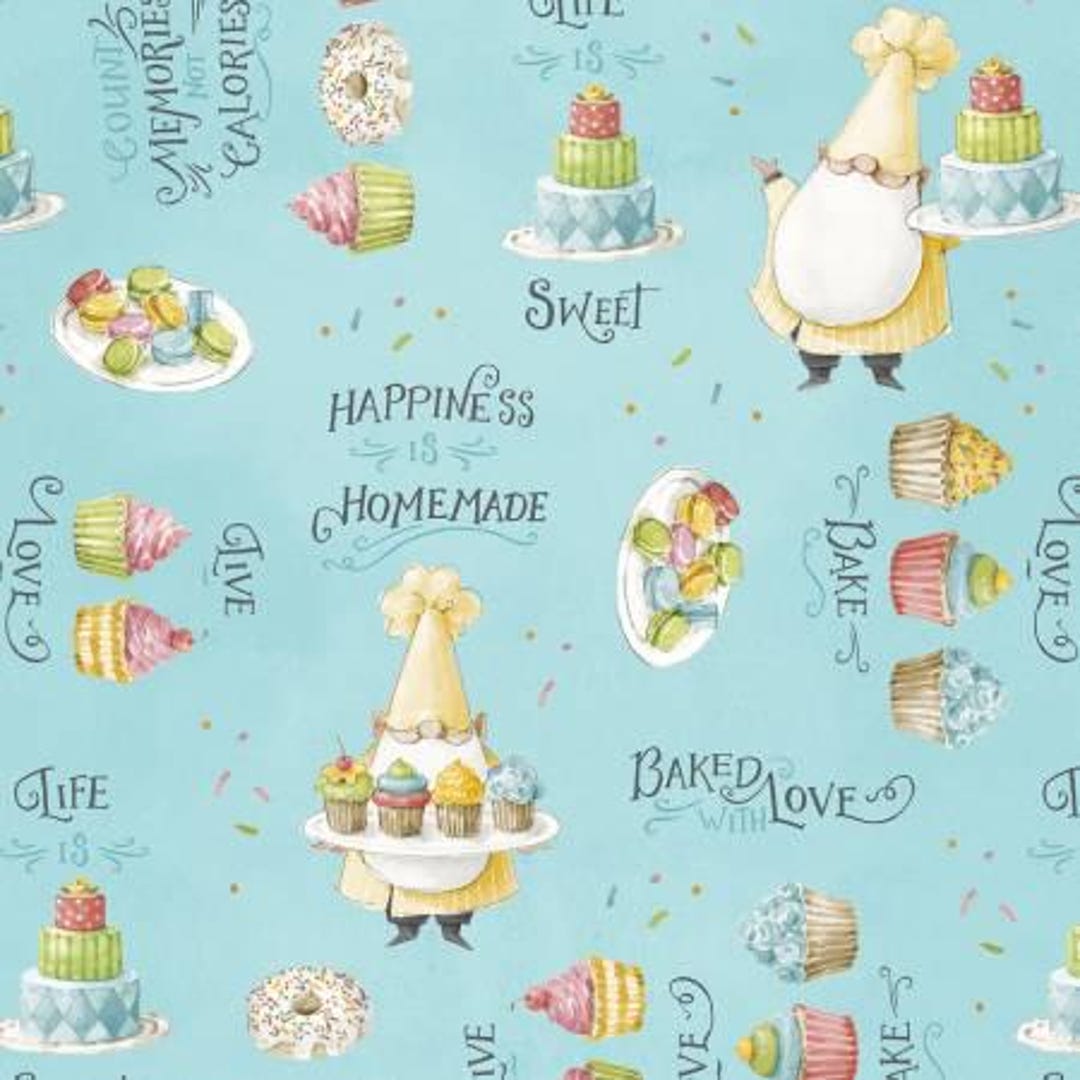 Gnomes Fabric, Gnomes Baking, Gnomes Bake Shop, Teal Words All Over ...