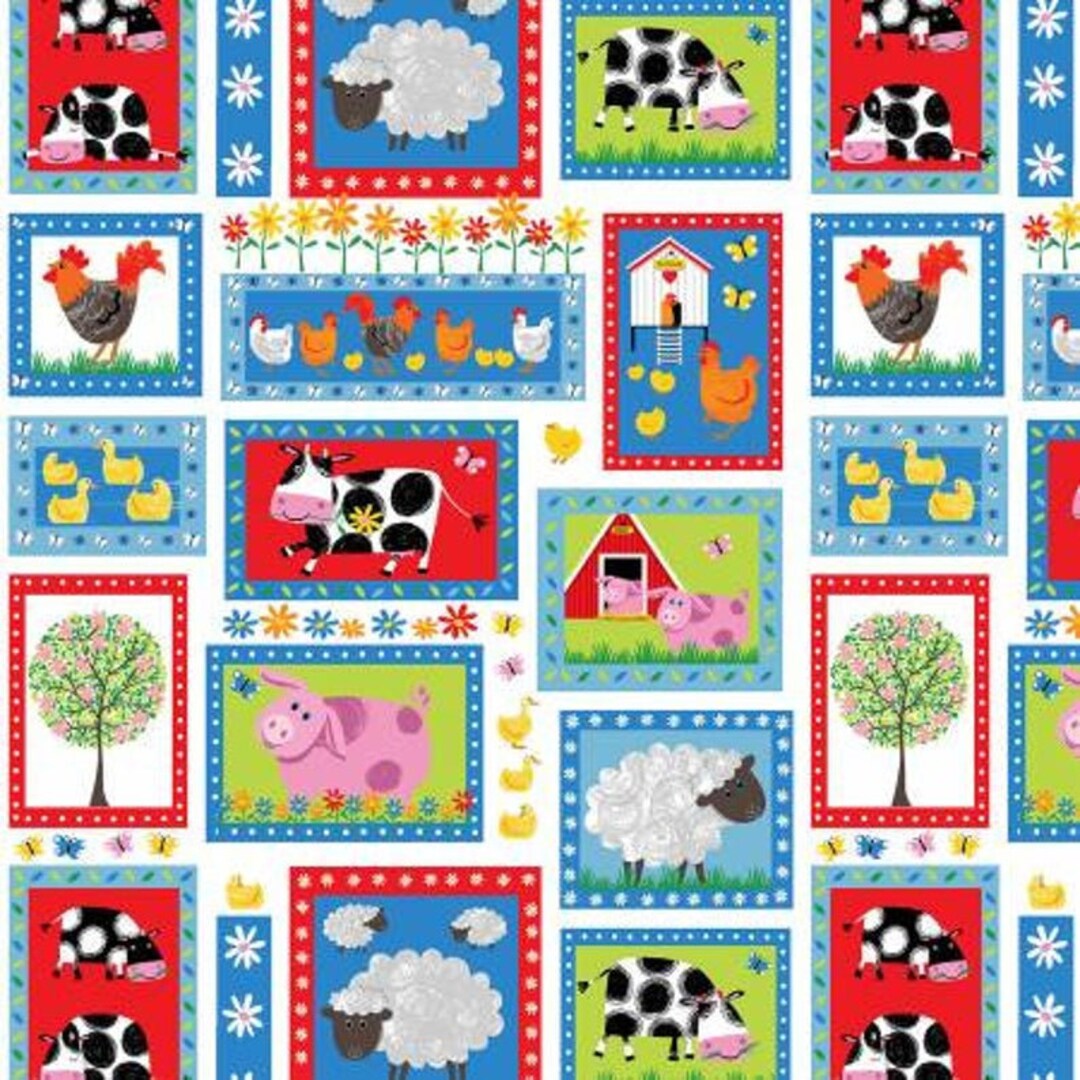 Farm Fabric, Patchwork Fabric, Cute Farm Fabric, Cow Chicken Fabric ...