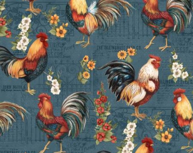 Chicken Fabric, Rooster Fabric, Cotton Fabric, Susan Winget, Teal Large ...
