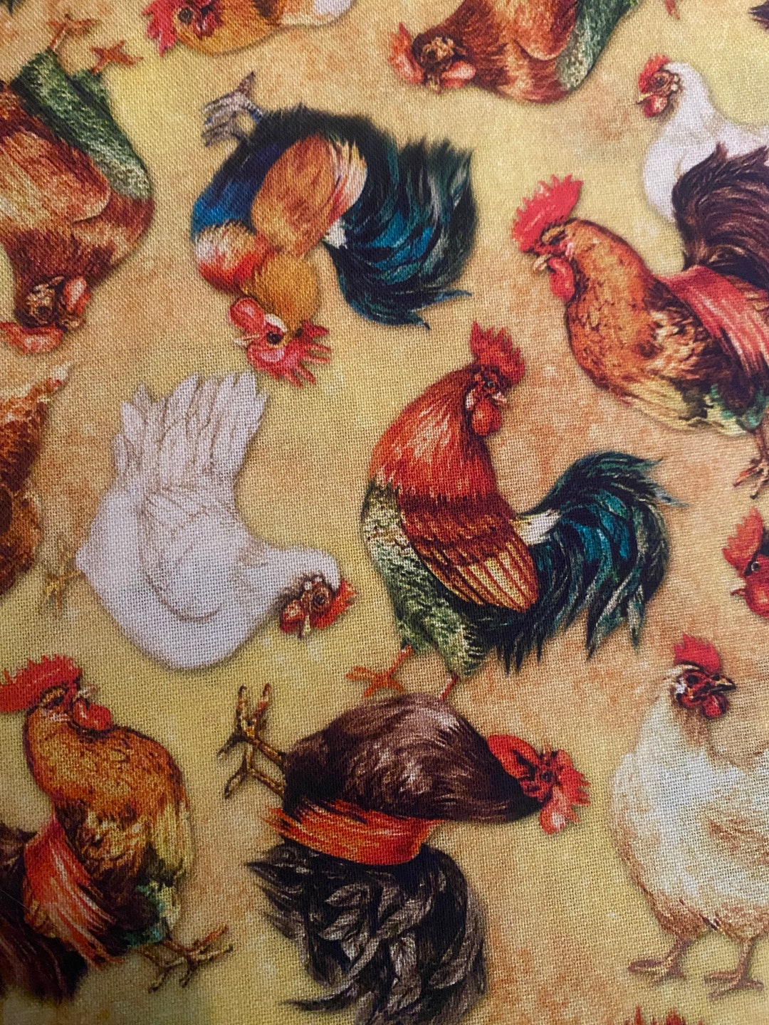 Chicken Fabric, Rooster Fabric, Cotton Fabric, Gold Rooster Fabric, Lay ...