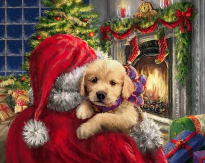 Santa Claus, Christmas Fabric, Christmas Panel, Dogs and Santa ...
