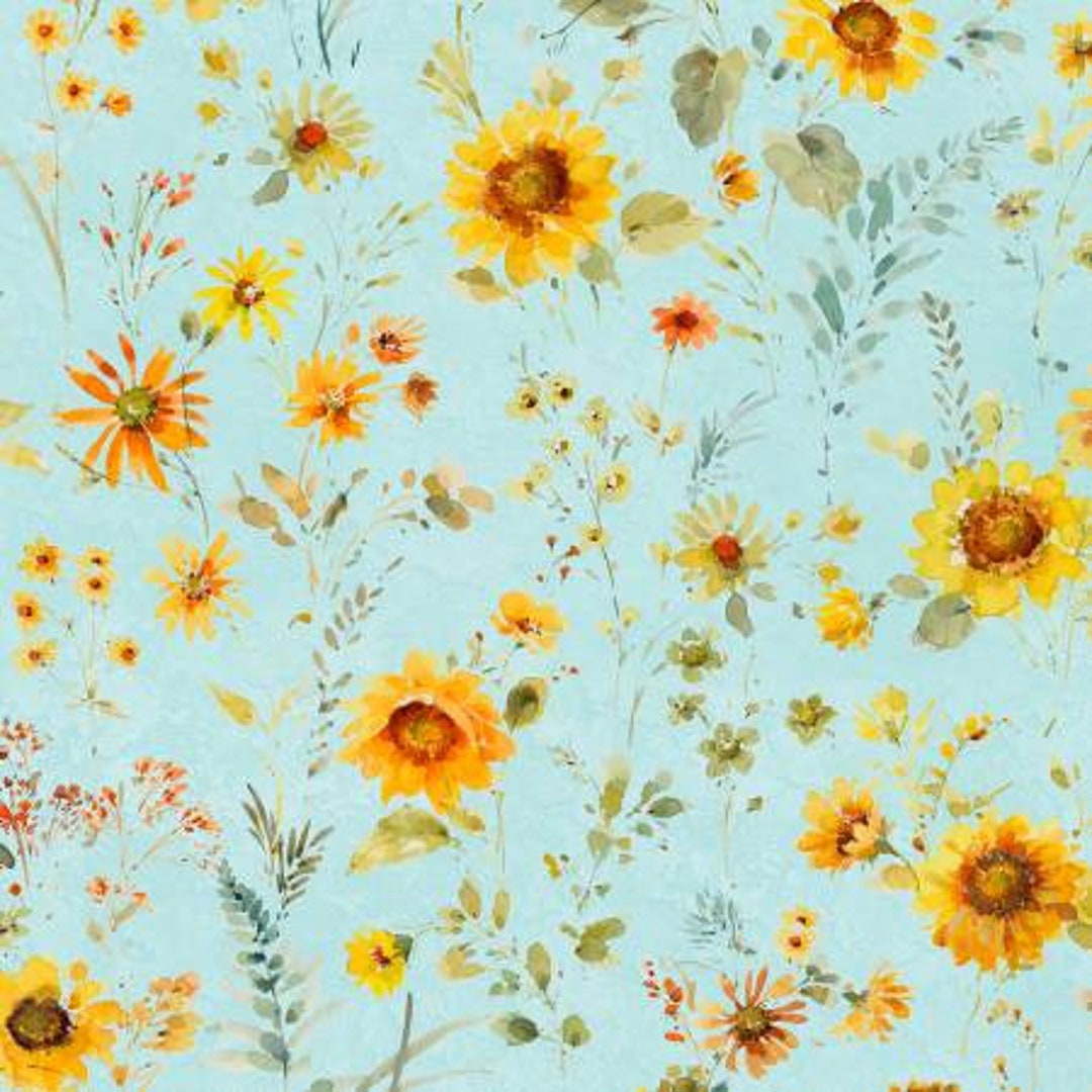 Teal Flowers, Sunflower Fabric, Cotton Quilting Sewing, Wilmington ...