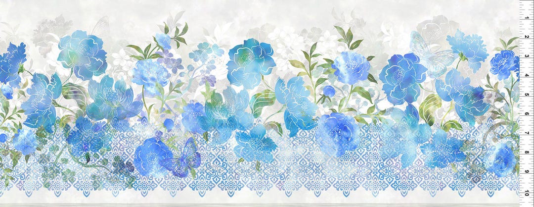 Floral Fabric, Ethereal Border Blue, in the Beginning Fabric, 10JYT 2 ...
