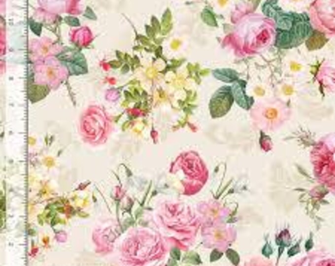 Rose Fabric, Timeless Treasures, Cream Floral Bouquet, Cream Roses, CD ...