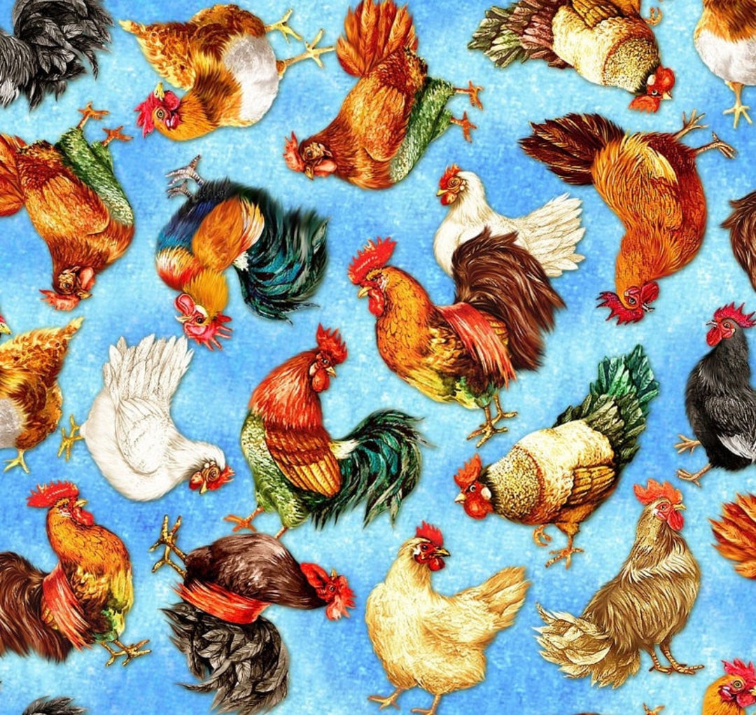 Chicken Fabric, Rooster Fabric, Cotton Fabric, Blue Rooster Fabric, Lay ...