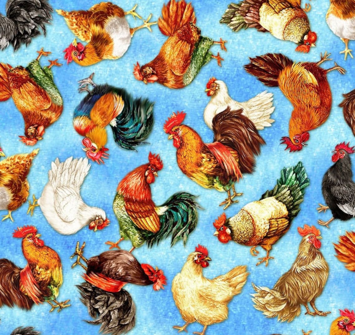 Chicken Fabric, Rooster Fabric, Cotton Fabric, Blue Rooster Fabric, Lay ...