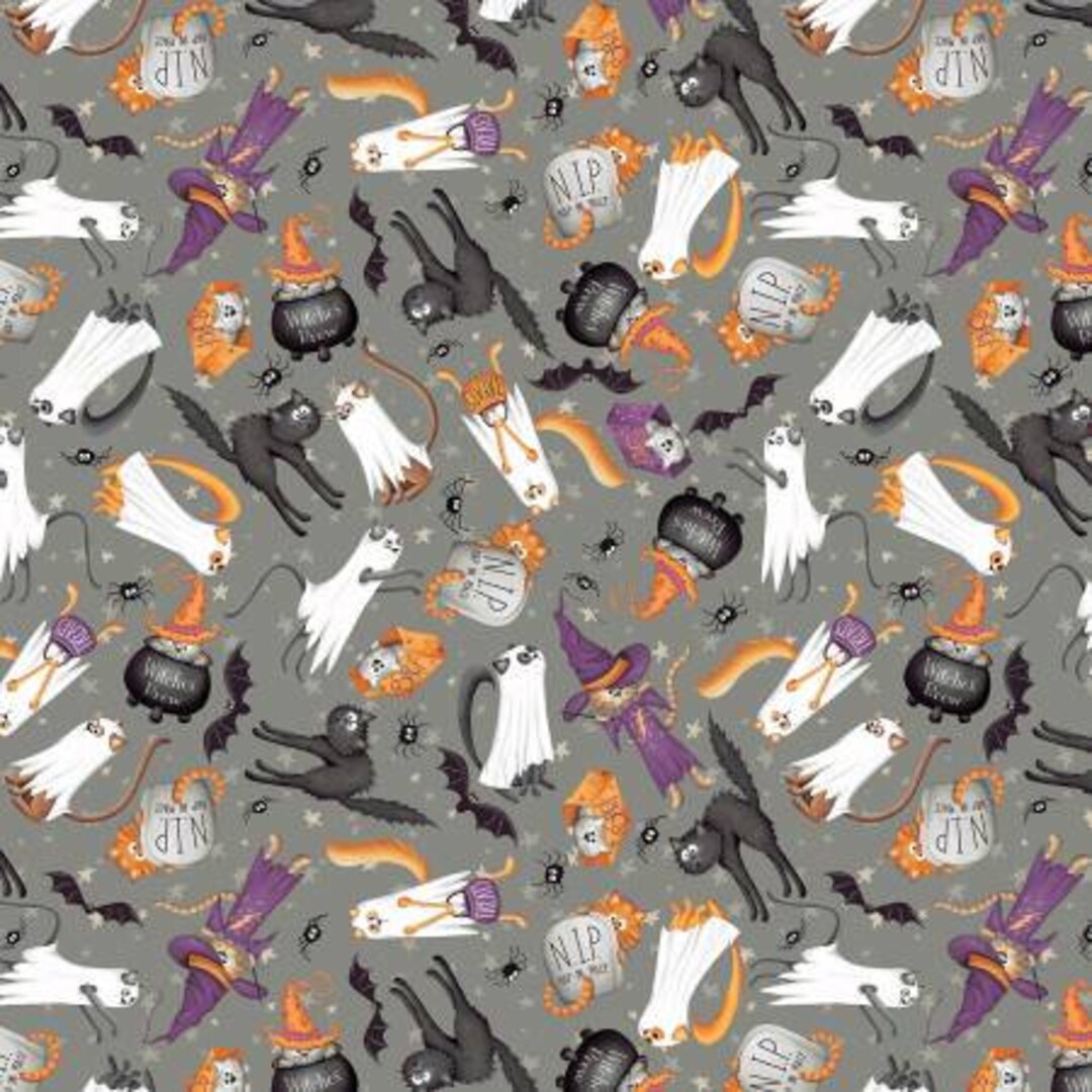 Halloween Cats, Gray Halloween Fabric, Scaredy Cat, Windham Fabric ...
