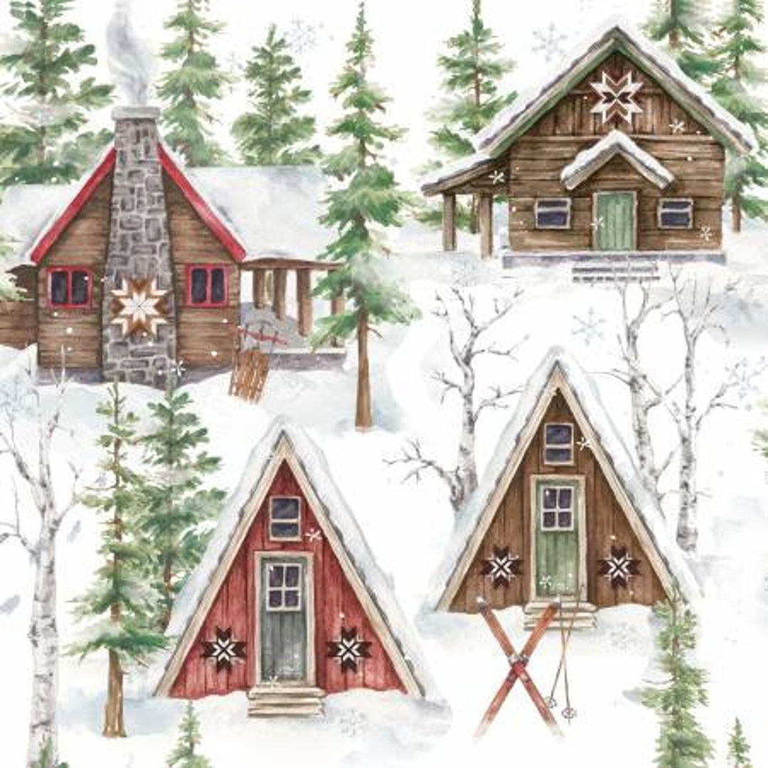 Christmas Fabric, Snow Flake Lodge, Snowy Trees, Ski Lodge House, 3 ...