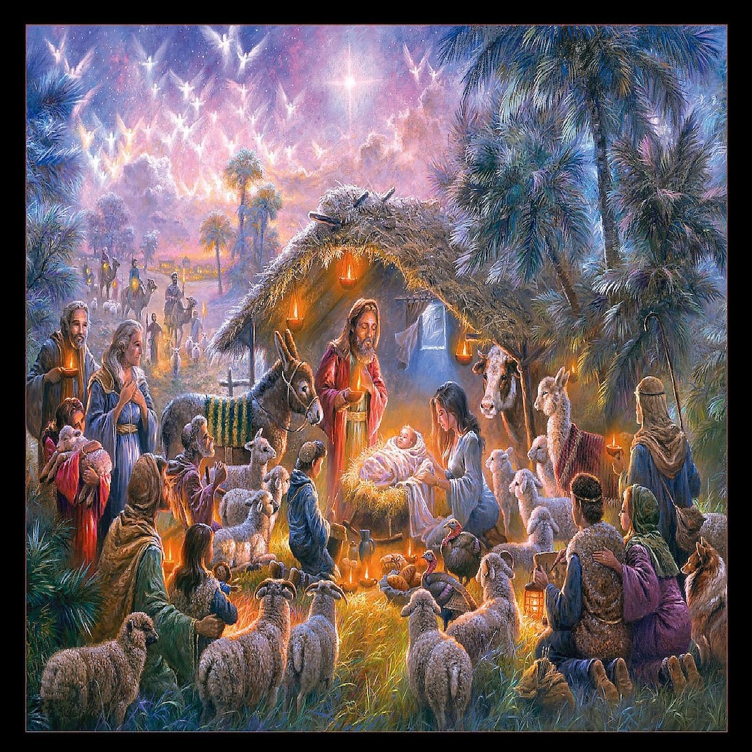 Christmas Fabric, Christmas Panel, Manger Scene, Digital Print ...